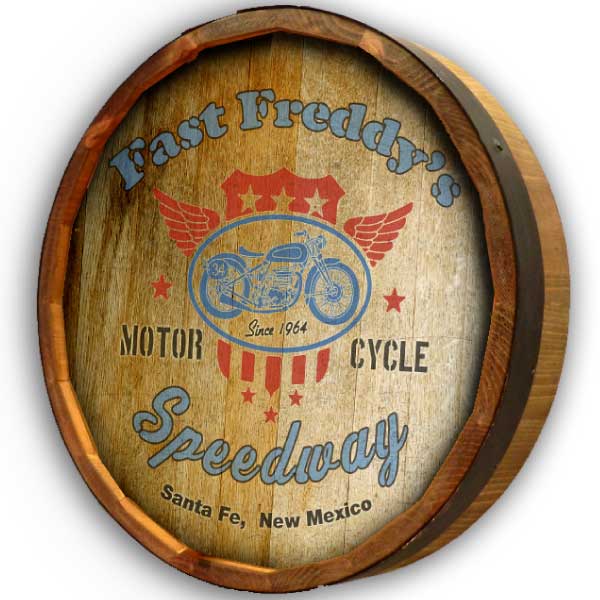 Speedway | Quarter Barrel Sign | Motorcycle | Personalize It!