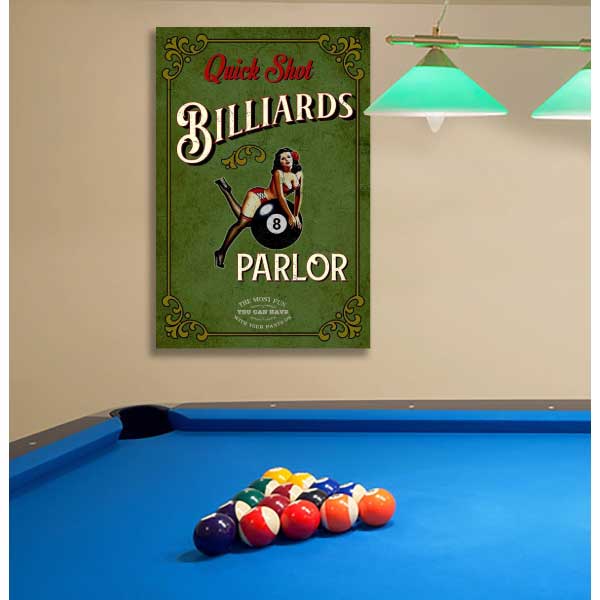 Vintage Billiards Poster | 1950s | Wood Sign | Quick Shot | Game Room